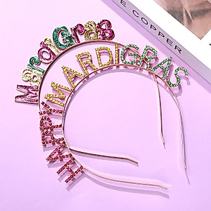 HEIDKRUEGER 2 Pcs Happy Mardi Gras Headbands Glitter Rhinestone Purple Green Gold Hairband for Carnival Party Hair Hoop Accessories (A-HAPPY Mardi Gras)