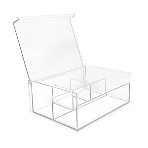 Isaac Jacobs 4-Compartment Clear Acrylic Organizer with Lid (6.7" L x 8.6" W x 3.4" H), Multi-Sectional Tray, Storage Solution for Makeup, School & Office Supplies (3 Small, 1 Large)