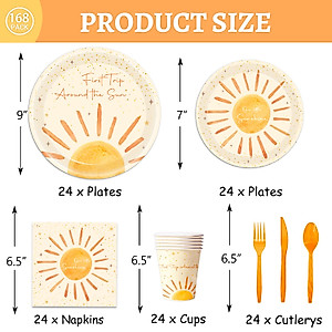 168Pcs Boho First Trip Around The Sun Birthday Decorations- Boho Party Set with Bohemian Hippie Sunshine Theme Party Tableware Decorations Including Plates,Cups,Napkins,Baby Shower Party for 24 Guests