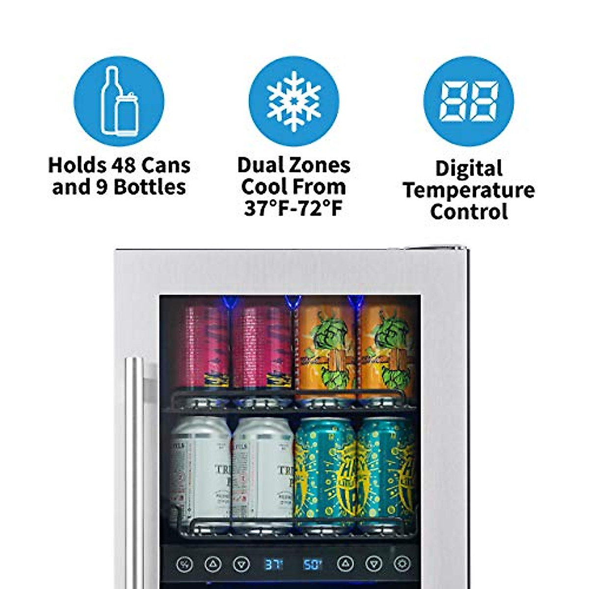 NewAir 15” Wine, Beer, Beverage Refrigerator Cooler | 9 Bottle, 48 Can Capacity | Stainless Steel Built-in or Freestanding Dual Zone Drink Fridge |Triple-Pane Glass Door, Digital Temperature Control