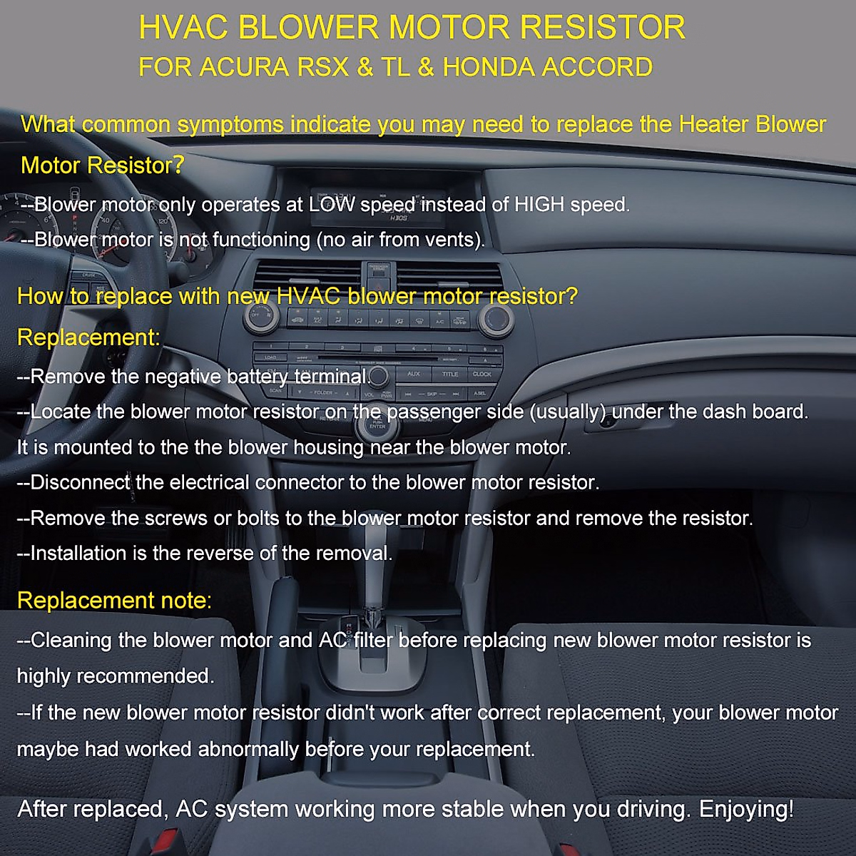 FAERSI HVAC Fan Blower Motor Resistor Replacement for 2002-2006 Acura RSX, 2004-2008 Acura TL, 2003-2007 Honda Accord Replaces JA1382 79330S6M941 2400-300016 Blower Motor Resistor