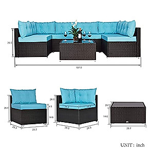 Einfach 7 Pieces Patio Furniture Sets, Rattan Conversation Sofa Chair with Glass Coffee Table, Outdoor & Indoor, Patio Furniture Sets(Blue)