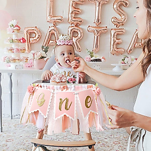 Rpvod Pink Floral 1st Birthday High Chair Banner - Lightweight, Hand Wash Only, 10 x 80 inches, Best Birthday Gift for Girls/Women/Babies