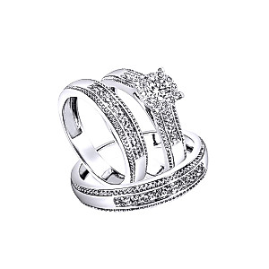 AFFY White Natural Diamond Wedding & Engagement Trio Band Ring Set in 10K Solid White Gold (0.87 Carat, I-J Color, I2-I3 Clarity)