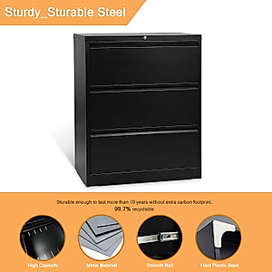 AOBABO 3 Drawer Lateral Steel File Organizing Cabinet with Locking System and Adjustbale Hanging Bars for Letter/Legal Size Paper, Black
