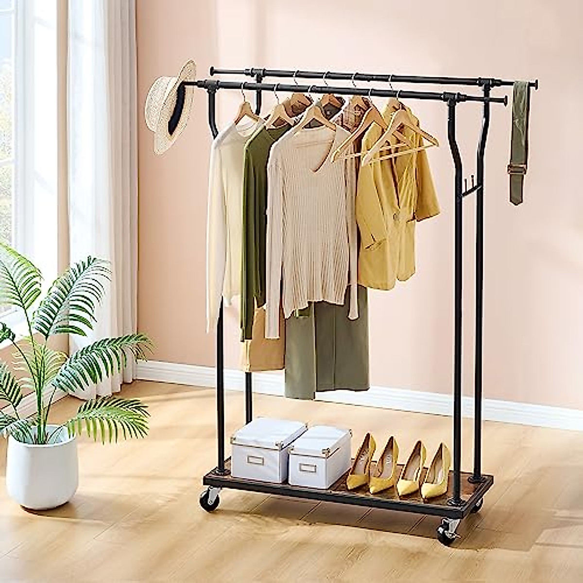 Hoctieon Heavy Duty Double Rod Clothing Racks for Hanging Clothes,Extensible Garment Rack With Wheels,Clothes Rack with Wooden Bottom Shelves