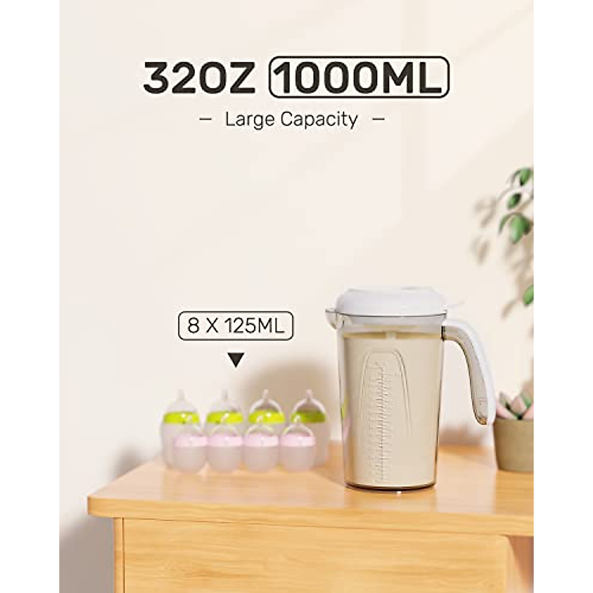 Grownsy Baby Formula Mixer Pitcher 32OZ, Magnetic Charging Electric Formula Mixing Pitcher, Auto Mixing for Formula Powder, Breastmilk, Without Air Bubbles or Lumping, BPA Free, Easy to Clean