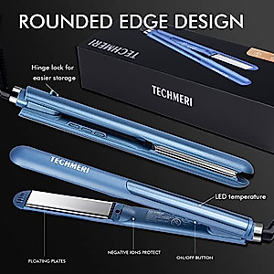 TECHMERI Hair Straightener and Curler 2 in 1, Flat Iron Hair Straightener with 5 Temp, Titanium Flat Iron with Dual Voltage, Blue