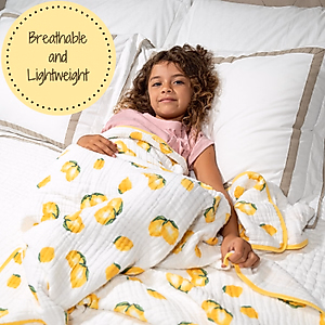 LollyBanks Muslin Baby Quilt, 100% Cotton Baby Blanket for Boys and Girls, Large 47 x 47 Inches Versatile Crib Blanket, 6 Layers Newborn Blanket, Durable Baby Bedding, Registry (Sunny Lemon Print)