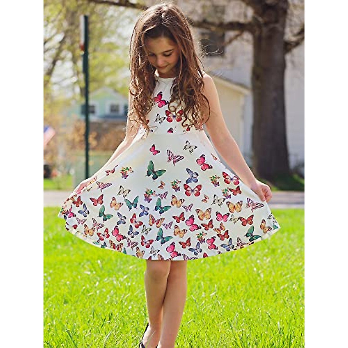 Girls Summer Dresses Butterfly Sleeveless Dress Casual Swing Pocket Sundresses (White, Girls Dresses Size 6)