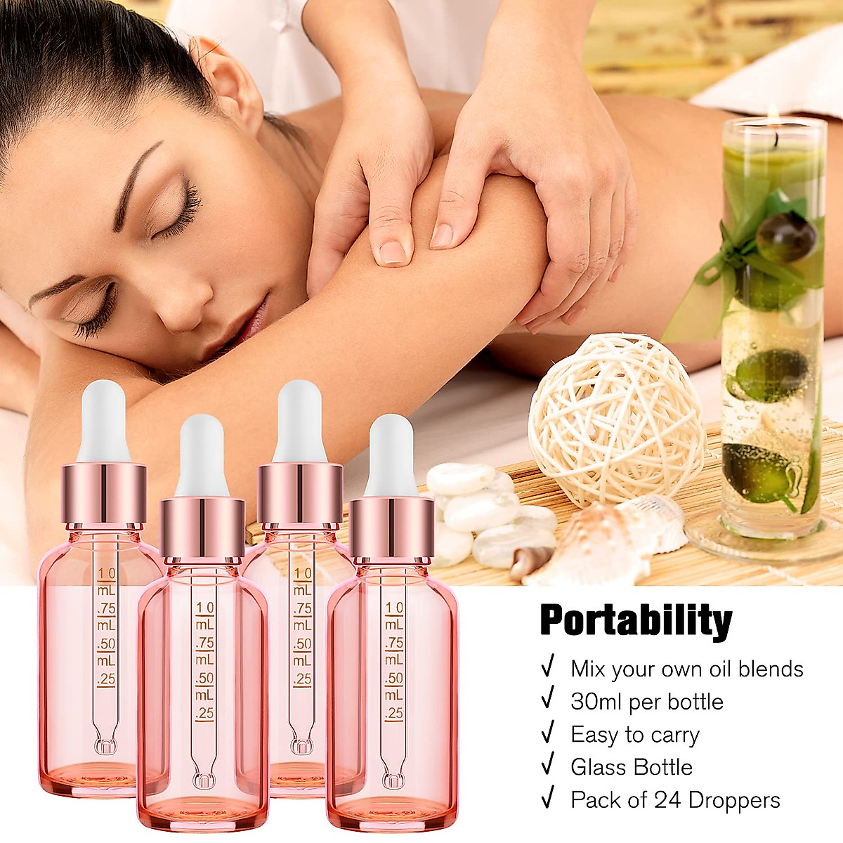 PrettyCare 4 Pack 1oz Eye Dropper Bottle Rose for Essential Oils with Measured Pipettes, 30ml Glass Bottles with Eye Droppers Tincture Bottles, Leak Proof Travel Bottles