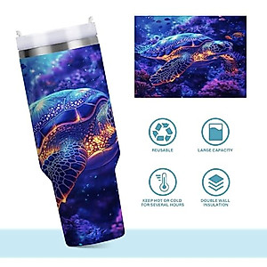 Slewiaeky Tumbler with Handle 40 oz Tortoise Turtle Sea Travel Mug with Lid and Straw Ocean Stainless Steel Vacuum Insulated Water Bottle Cup for Iced Tea Coffee Cold Beverages Cup Holder Friendly