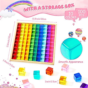 Meooeck 100 Pcs Acrylic Gem Cubes Blocks Translucent Rainbow Building Cubes Crystal Acrylic Cubes Educational Sensory Training Crystal Toys with Wooden Storage Boxes for Boys Girls Play
