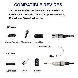 KINXIYU XLR Female to 1/4 Inch TRS Cable 10 FT, Nylong Braided XLR 3 Pin Female to 6.35mm TRS Male Balanced Wire Mic Cord (Pure Copper Conductors)