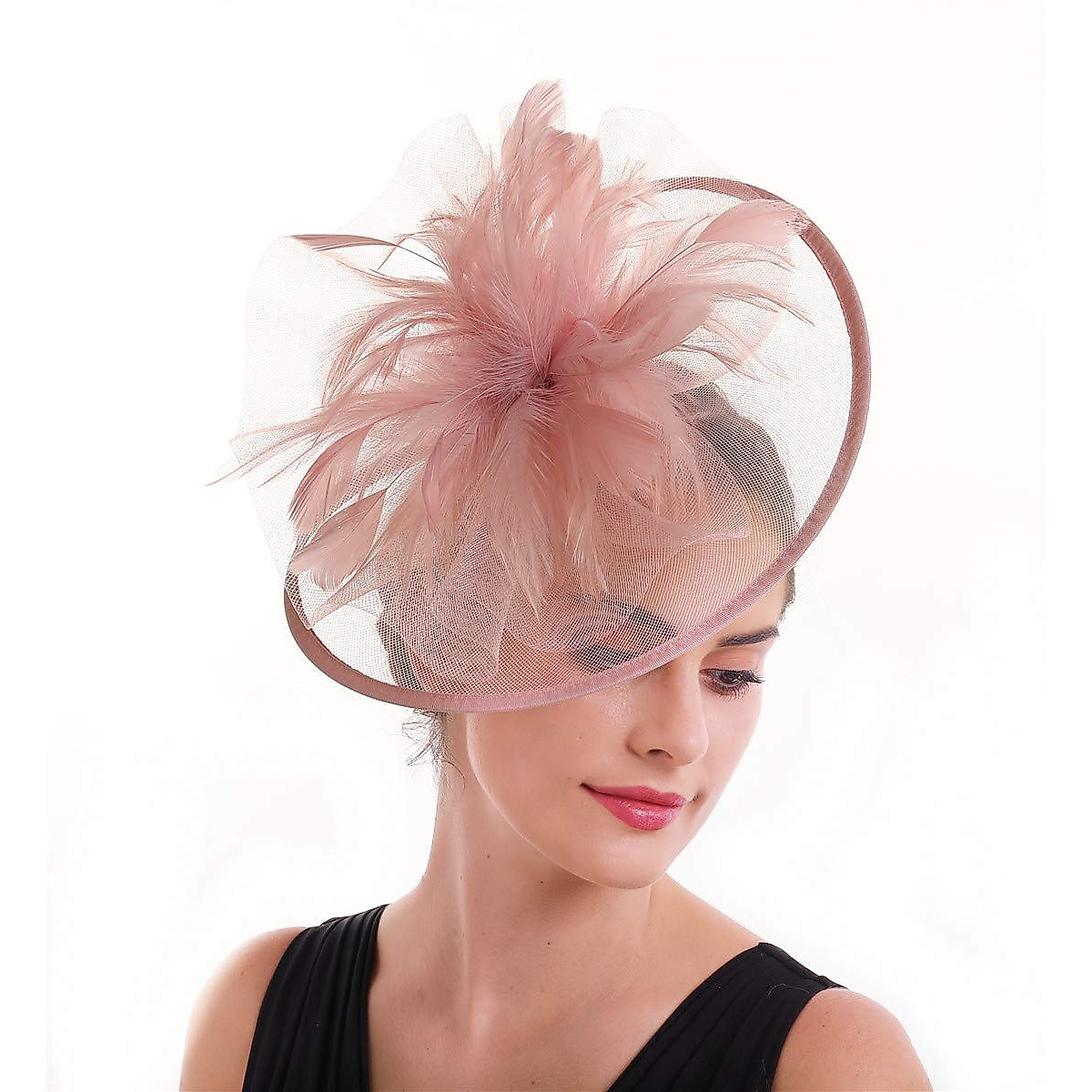 SAFERIN Fascinator Hair Clip Cocktail Hat Bowler Feather Flower Derby Kentucky Veil Wedding Party Hat Tea Fascinators (a-Skin Pink)