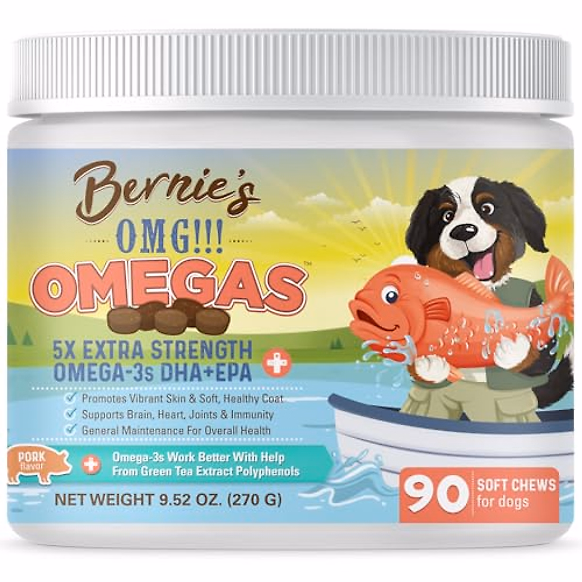 Bernie's OMG!!! Omegas 5X Extra Strength Omega-3s DHA+EPA, Chews with Fish Oil for Dogs, Ultimate Skin & Coat, Works as Dog Allergy Chews, Dog Calming Chews, Joint Supplement. (Pork)