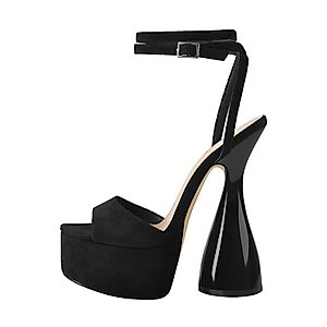 LISHAN Women's Platform High Heels Slingback Block Chunky Heel Backless Ankle Buckle Round Open Toe Faux Suede Heeled Sandals Dressy Prom Dancing Ankle Strappy Solid Color Shoes Black Size 10