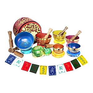 Tibetan Singing Bowl Set of 7, Chakra Colors Decorated Himalayan Singing Bowl for Yoga, Deep Relaxation, Stress Relief and Mindfulness, Comes w/ silk cushions, 7 sticks, Flag and Silk Brocade Box