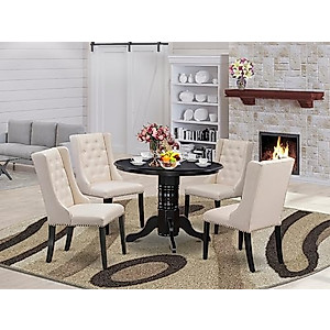 East West Furniture SHFO5-BLK-01 5 Piece Kitchen Table Set for 4 Includes a Round Dining Room Table with Pedestal and 4 Cream Linen Fabric Upholstered Chairs, 42x42 Inch, Black