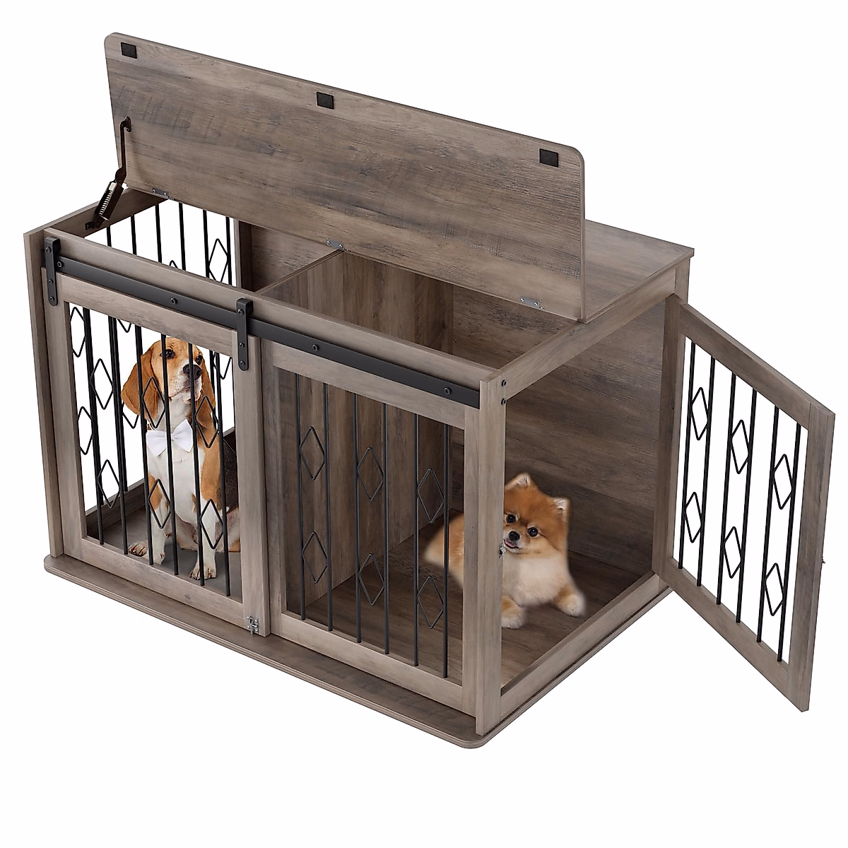 Clevich Large Dog Crate Furniture w/Sliding Barn Door, Wooden Indoor Dog Kennel w/Flip-top, 39.4'' Heavy Duty Modern Puppy Dog Cage End Table w/Detachable Divider for Small/Medium Pets (Oak Grey)