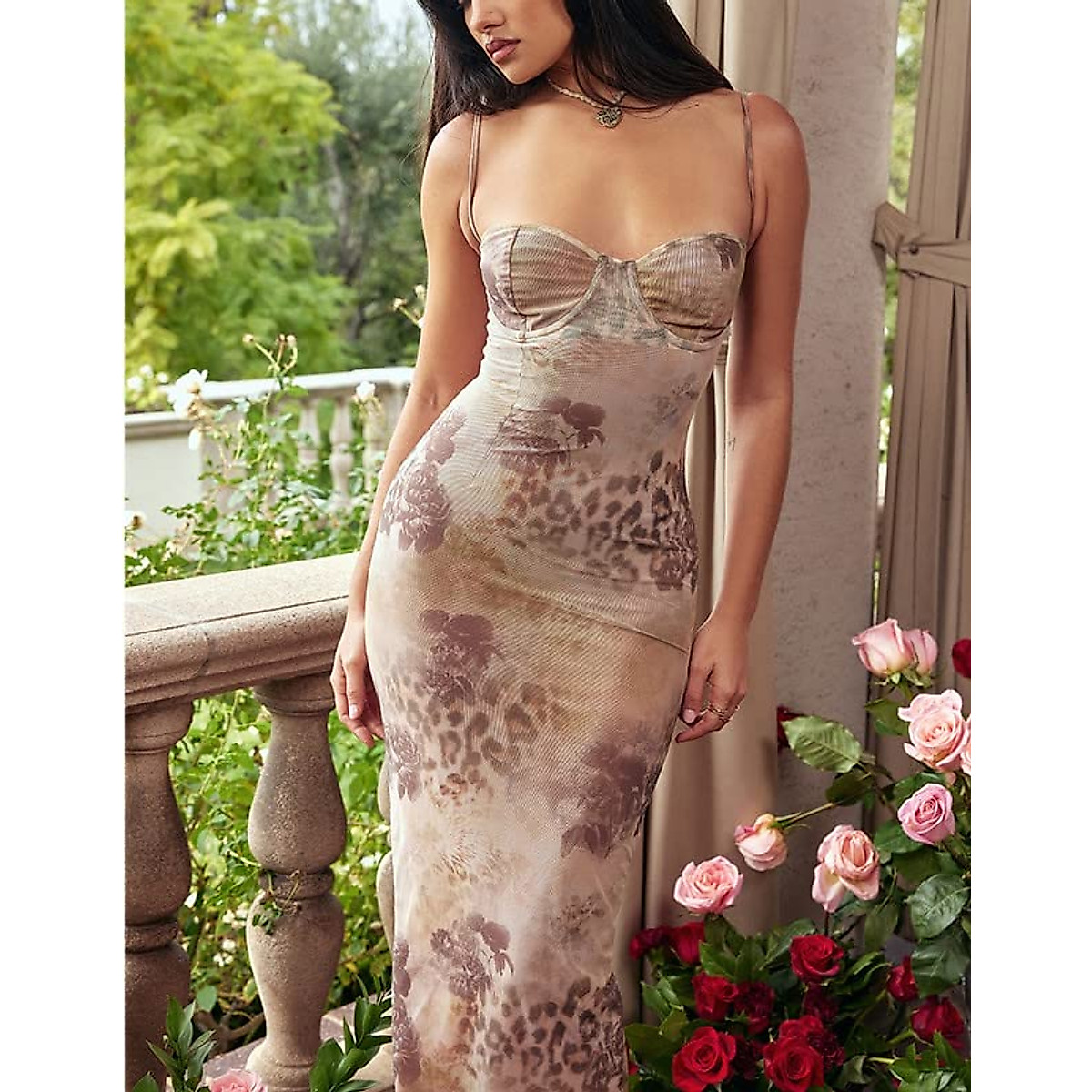 Sexy Floral Spaghetti Strap Bodycon Maxi Dress for Women Y2K Low Cut Bustier Long Dress Backless Dresses E Girl Streetwear