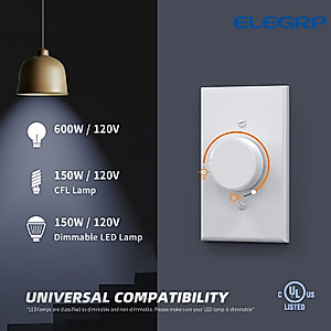 ELEGRP Digital Rotating Dimmer Switch for Dimmable LED, CFL and Incandescent Light Lamp Bulbs, Single Pole / 3-Way Rotary Dimmer Switch, Wall Plate Included, UL Listed (1 Pack, Matte White)