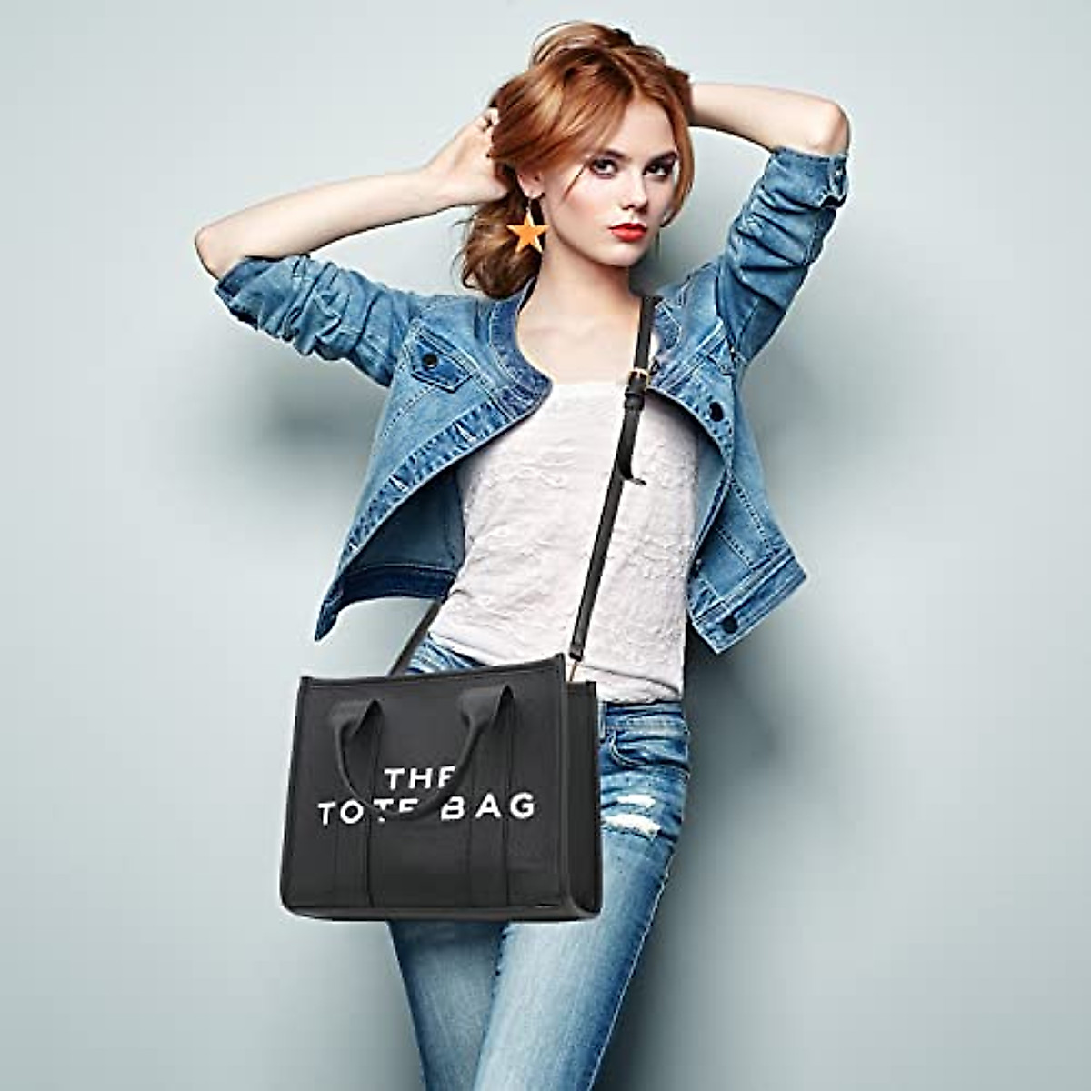 Women's The Tote Bag, PU Leather Tote Bag, Shoulder, Crossbody or Handle Bag for Work, School (10.2X4.2X8.5in) (black)