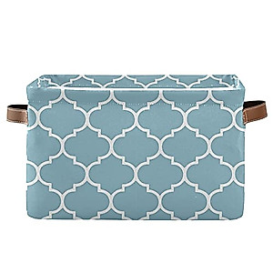 Moroccan Tile Lattice Storage Basket Blue White Storage Organizer Box Bin Large Collapsible Cube Baskets with PU Handles for Shelf Closet Nursery Laundry 1 Pack