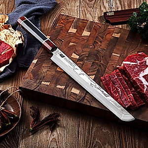 FINDKING Prestige Series Sakimaru Knife with Walnut Cover, Japanese SKD11 Damascus Steel Blade, Ebony Wood Octagonal Handle, Professional Sashimi Sushi Fish Knife (10.5 Inches, with Wooden Gift Box)
