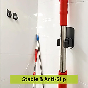 PHIXBEAR Damage Free Hanging Mop and Broom Holder, Wall Mount Stainless Broom Hanger No Drill Self Adhesive, 2 Holder, 8 Strips