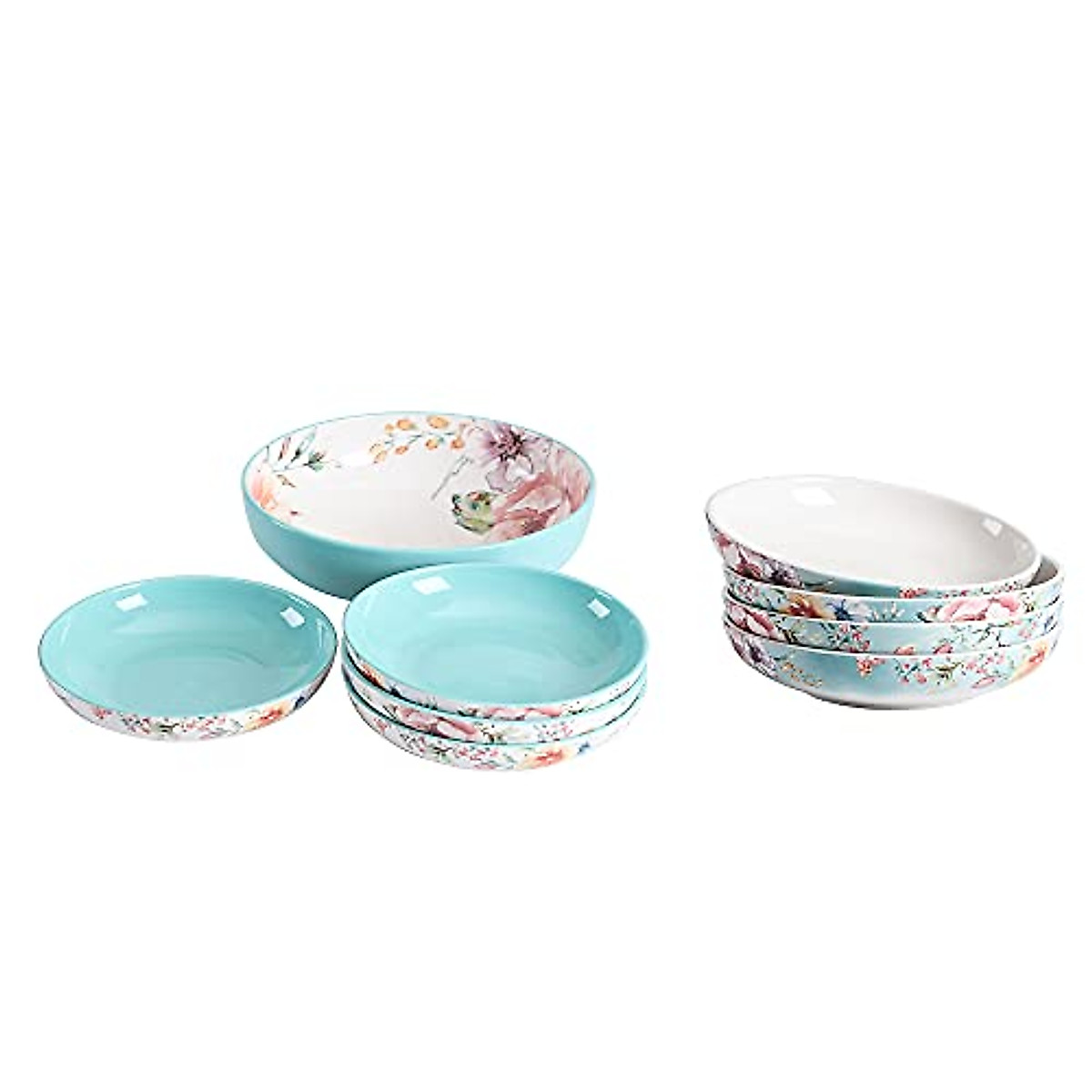 Bico Margret's Garden Ceramic Pasta Bowl, Set of 9(1 unit 214oz, 8 units 35oz), for Pasta, Salad, Microwave & Dishwasher Safe