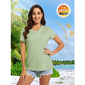 MAGCOMSEN Women's Dry Fit Shirts Running Shirts for Women Outdoor Shirts Summer Hiking Shirts Cool Short Sleeve Athletic T-Shirts L Light Green