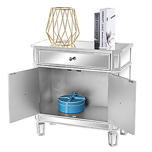 VINGLI Mirrored Cabinet, Mirrored Nightstand, Mirrored Dresser Accent Chest, Large Mirror Nightstand with 1 Drawer and Two Doors, 27.5”W x 13.4”D x 27.5”H, Mirror