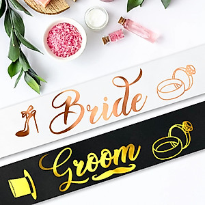 2 Pcs Bride and Groom Sash with Gold Foil, Bachelorette Party Sash, Bride and Groom to Be Sash for Bridal Shower Wedding Hen Party Decorations Engagement Gifts (White, Rose Gold & Black, Gold)