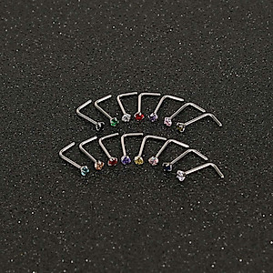 ZS 8-14PCS 20g Tiny Nose Stud Ring Piercing Surgical Steel Nose Bone/L Shaped/Nose Screws Rings Set (14pcs L Shaped Style(Mixed Color))