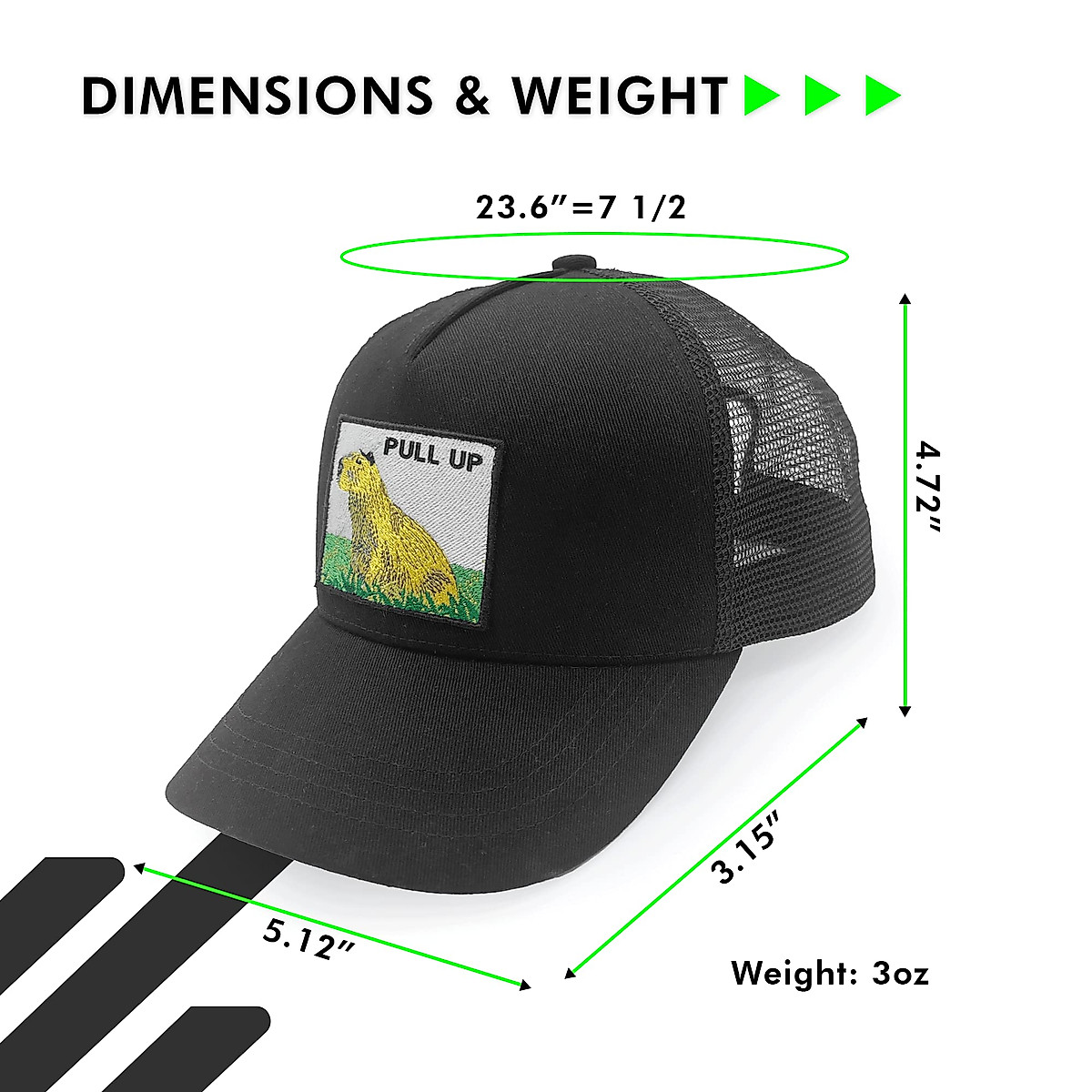 Z Zelvox, Adjustable Snapback Mesh Trucker Hat, Capybara Black Cap, Mesh Baseball Cap, Capybara Embroidered Trucker Hat, Unisex (Pull Up)