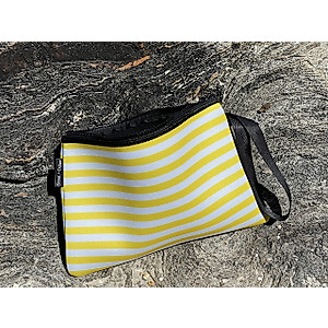Scout + Ochre Neoprene Swimsuit Bag Pouch with Zipper - Waterproof Wet Bag for Swimwear, Diapers, Cosmetics, Travel Toiletries - great for Beach, Pool, Strollers, Gym - 11.5x8in (Yellow White Stripe)