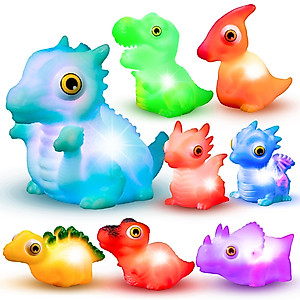 JOYIN 8Pcs Light Up Dinosaur Toys, Baby Bath Toy, Toddler Flashing Colourful LED Bathtub Toy, Bathtime Floating Soft Rubber Toy for Infant Boy Girl Birthday Gift Swimming Pool Party Favors Age 1 2 3