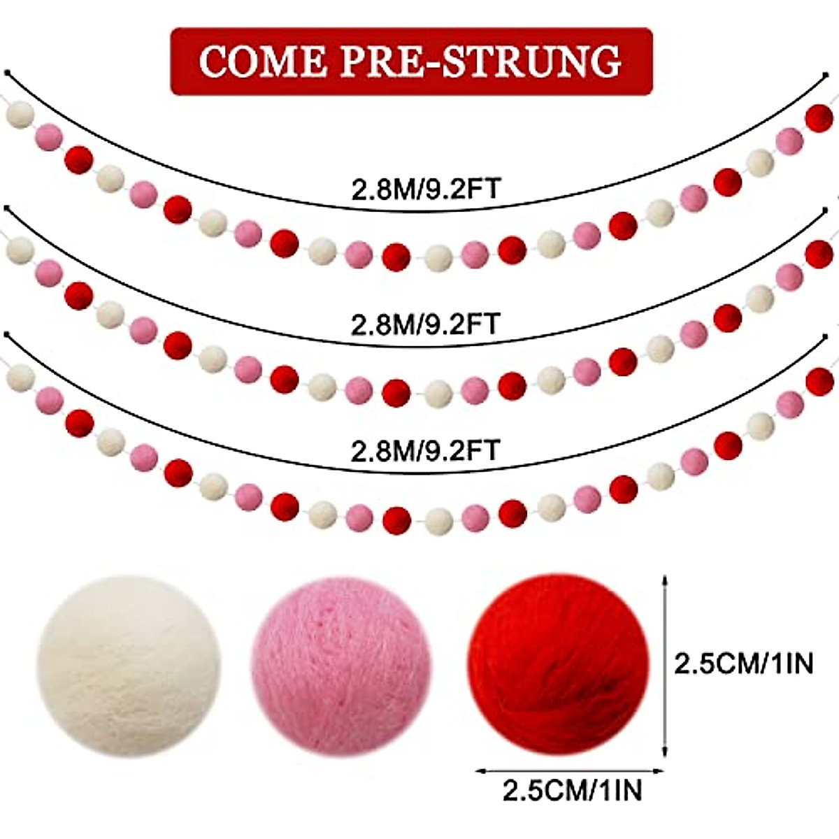 CAVLA 3 Pieces Valentine's Day Felt Ball Garlands Valentines Day Red Pink White Pom Pom Garlands 1 Inch Valentines Pompom Ball Banner for Mother's Day Wedding Engagement Hanging Decorations