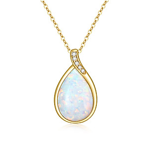 YDD 14k Solid Gold White Opal Necklace for Women Dainty Pear-Shape Teardrop Pendant Opal with Genuine Diamond Necklace Opal Gemstone October Birthstone Opal Jewelry Gifts for Her 16"-18"