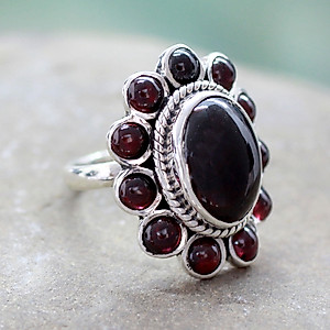 NOVICA Artisan Handmade Garnet Cocktail Ring Floral Jewelry Sterling Silver Red India Bollywood Birthstone [crownbezel 1 in L x 0.8 in W x 0.4 in H Band Width 3 mm W] ' Scarlet Petals'