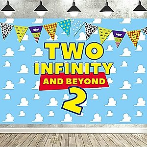 HEETON Two Infinity and Beyond Backdrop Buzz Banner Light Year Toy Inspired Story 2nd Birthday Balloons Party Supplies Decorations Photo Prop for Girl Boy Baby Background -7 x 5ft
