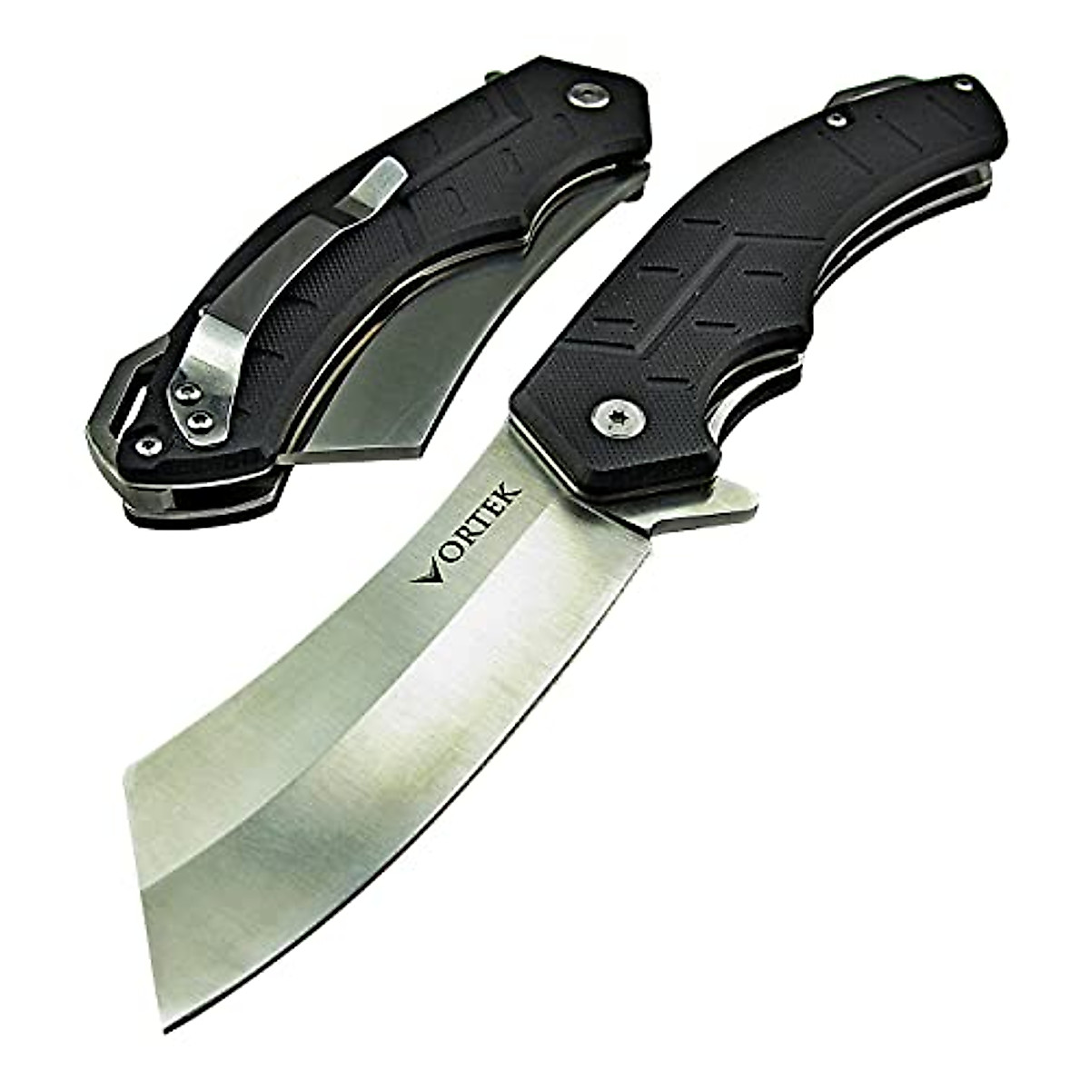 VORTEK Pocket Cleaver Knife: Ball Bearing Pivot, 8Cr13MoV Razor Sharp Cleaver Blade, Ultra Smooth Opening, Non-Slip G10 Handles, Heavy Duty Construction Built Tough