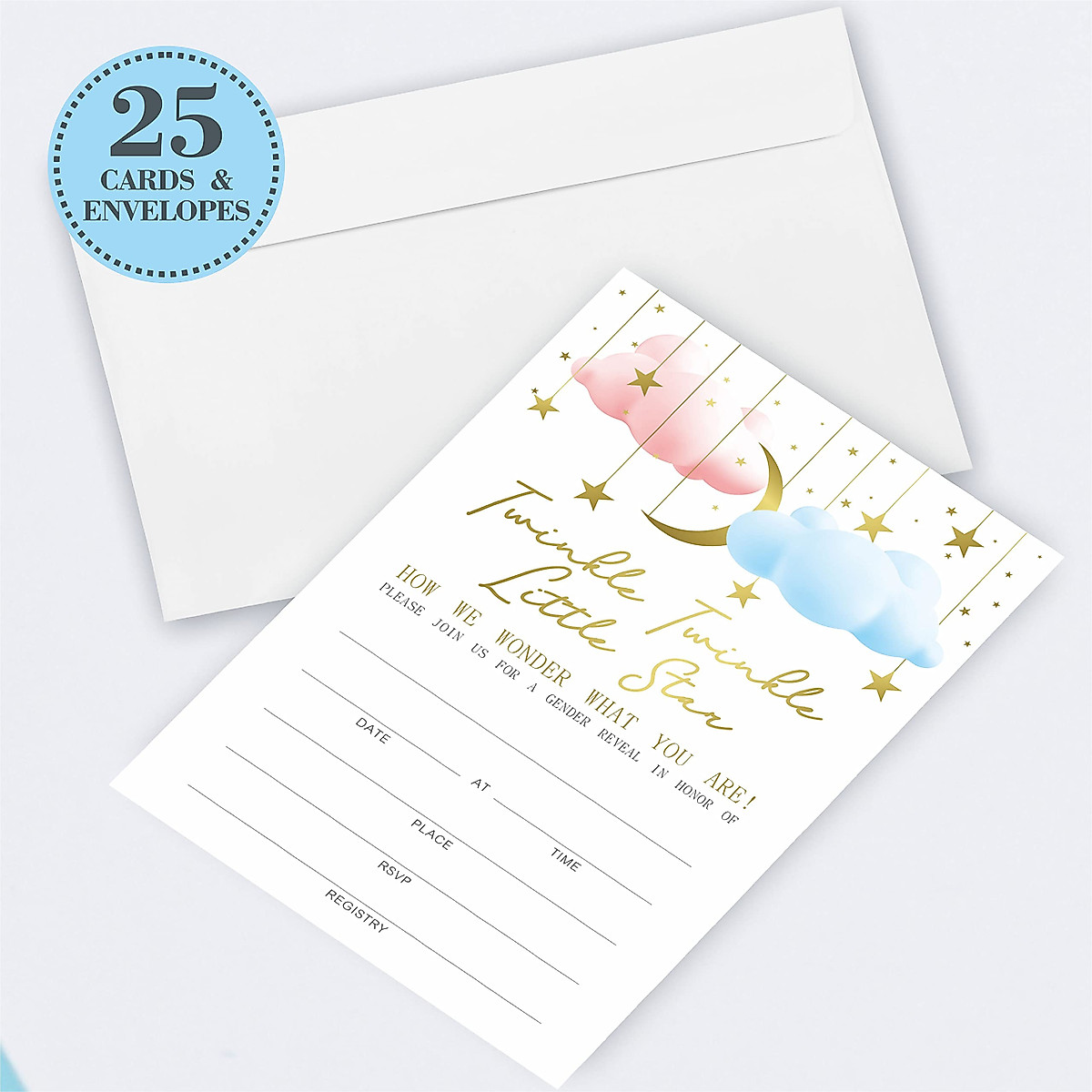 JCVUK Set of 25 Baby Shower Invitations with Envelopes, Diaper Raffle Tickets and Baby Shower Book Request Cards, Twinkle Twinkle Little Star, Gold Moon And Stars Theme Gender Reveal Party(YQKTZ-A05)