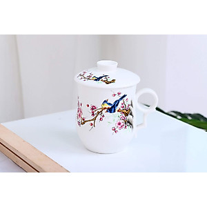 CYXChenyu Ceramic Tea Mug with Lid, Anti-scalding Handle Design Ceramic Coffee Mug or Tea Cup Milk Tea Drink Porcelain Cup, Great for Tea Lover Gift (Magpie)