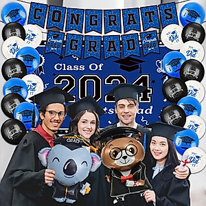 Graduation Decorations Class of 2024 Blue Themed - 2024 Graduation Foil Balloons Congrats Grad Banner Graduation Backdrop Kindergarten Graduation Congrats Grad Party Decorations Supplies