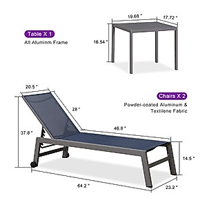 PURPLE LEAF Outdoor Lounge Chair Set for 2 Aluminum Patio Chaise Lounger with Easy-to-Move Wheels and Adjustable Backrest Pool Reclining Lounge Chairs for Beach Yard Poolside Table Included, Navy Blue