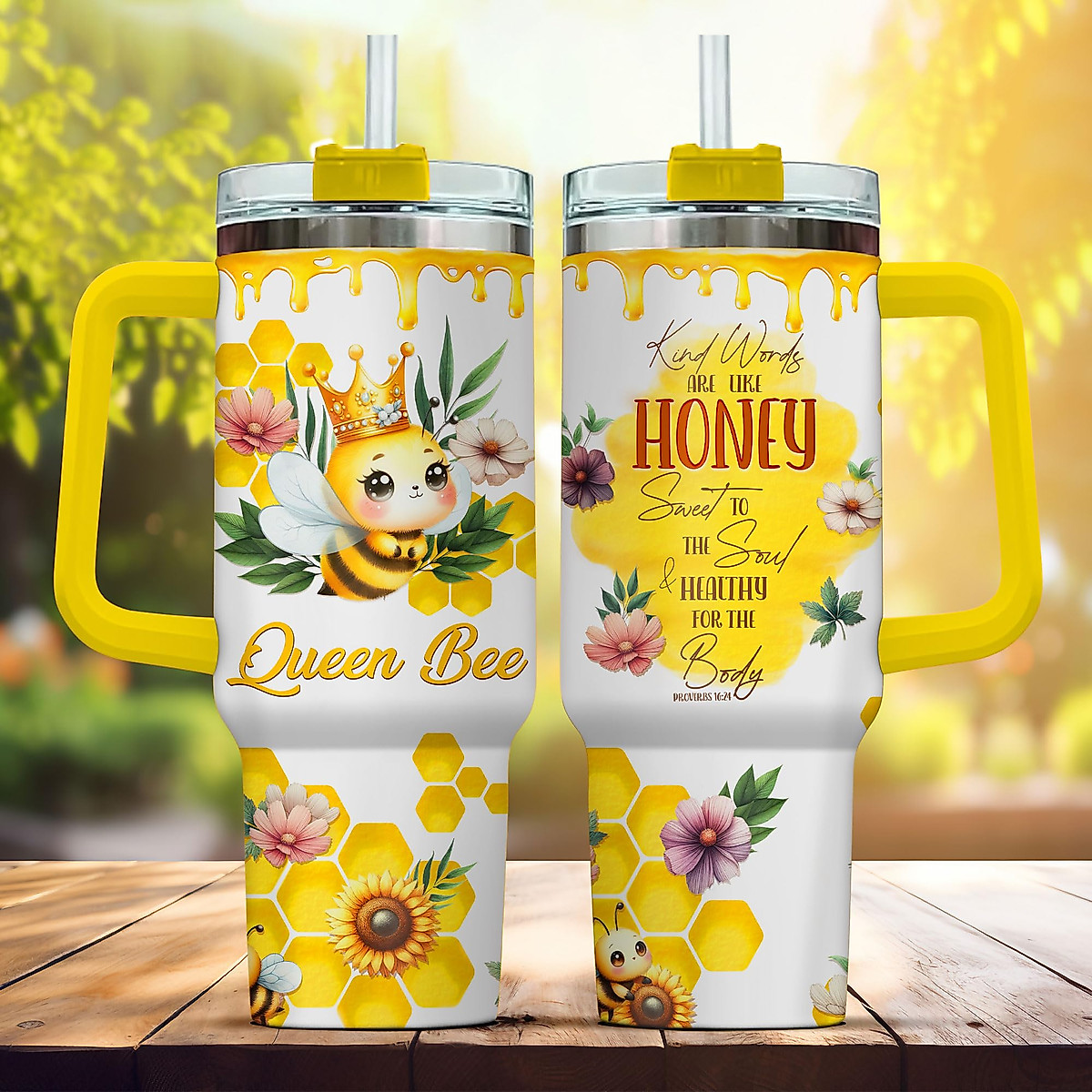 99WHALE Bee Gifts, Cute Queen Bee, Tumbler 40 Oz With Handle Lid And Straw, Yellow Keep Drinks Cold Hot, Yellow Handle Floral For Tumblers Cups Coffee Sunflower Flower Women