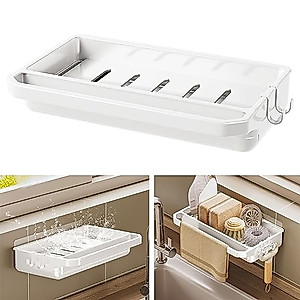 ZYLLZY Kitchen Storage Drain Rack, Kitchen Storage Drain Rack with 2 Hanging Hook No Punching Rag Washing Cloth Faucet Wall Mounted Holder, Faucet Sponge Holder Kitchen Sink Caddy Organizer (White)