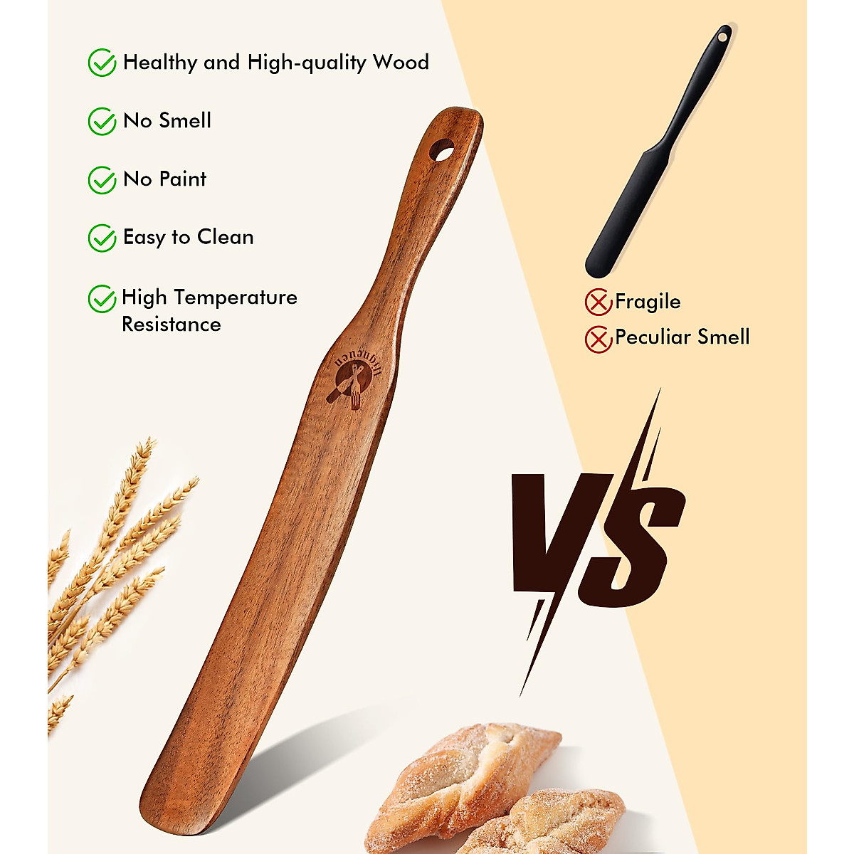 Skinny Spurtle for Sourdough Starter, Mixing, Reaching Bottom of Jar, Dough Whisk, 100% Natural from High Moist Resistance Teak, Spurtles Kitchen Tools Wooden Kitchen Utensils for NonStick Cookware